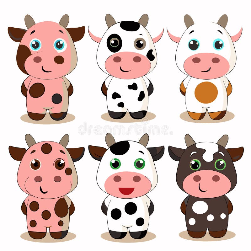 Six Adorable Cartoon Cows with Different Colors and Spot Stock Vector ...