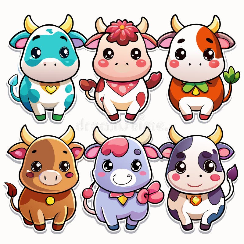 Six Adorable Cartoon Cows in Various Color Stock Vector - Illustration ...