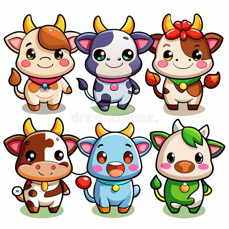 Six Adorable Cartoon Cows in Various Colors. (4 Stock Vector ...