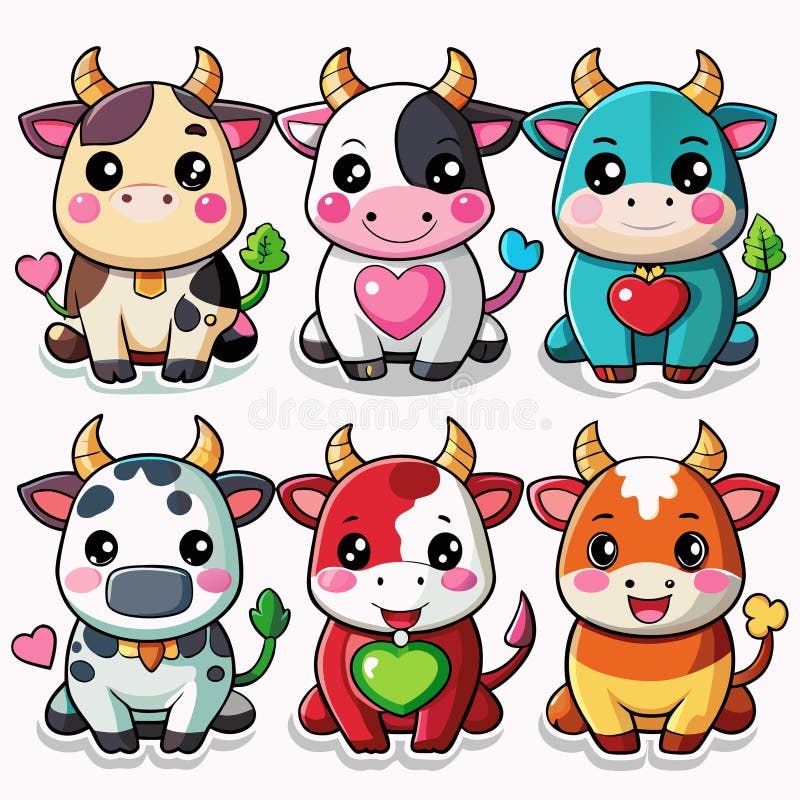 Six Adorable Cartoon Cows in Various Color Stock Vector - Illustration ...