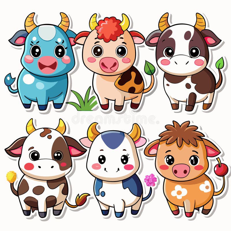 Six Adorable Cartoon Cows in Various Colors and Patterns. ( Stock ...