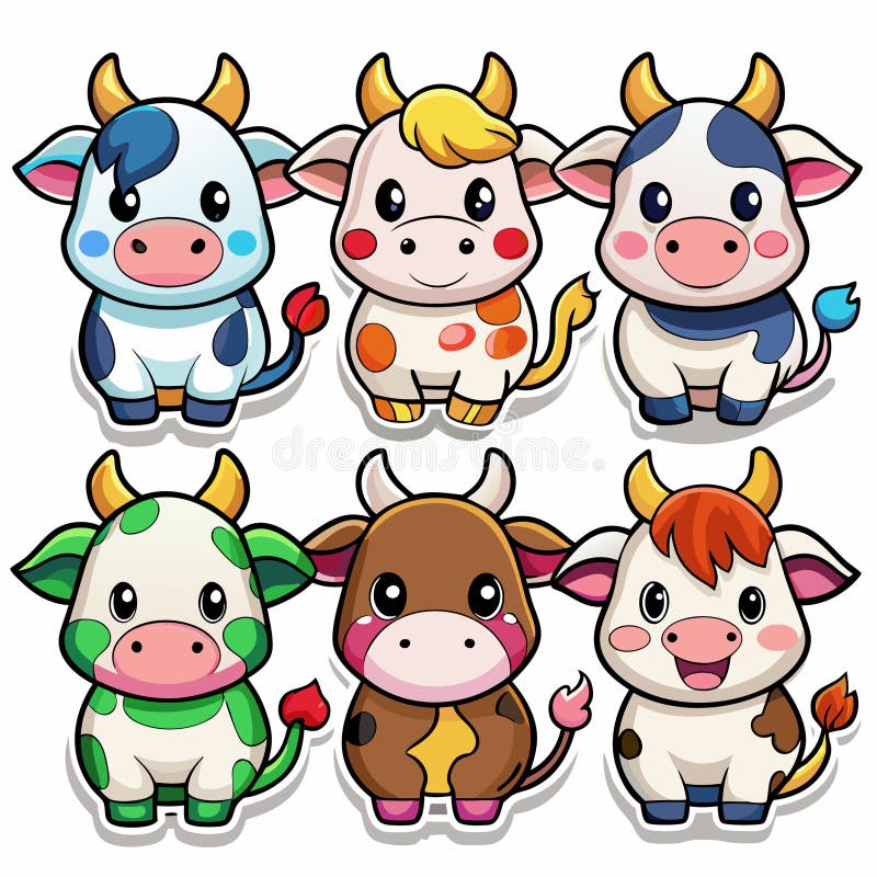 Six Adorable Cartoon Cows in Various Colors and Spots Stock Vector ...