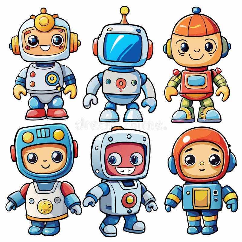 Six Adorable Cartoon Robots and Astronaut Stock Vector - Illustration ...