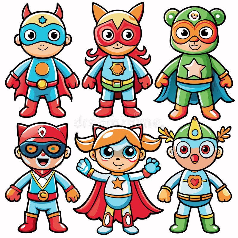 Six Adorable Cartoon Superhero Characters with Unique Costumes, Each ...