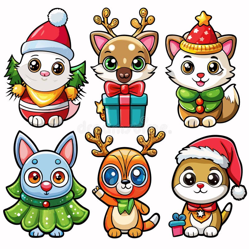 Six Adorable Christmas Animals Cartoon Stock Vector - Illustration of ...