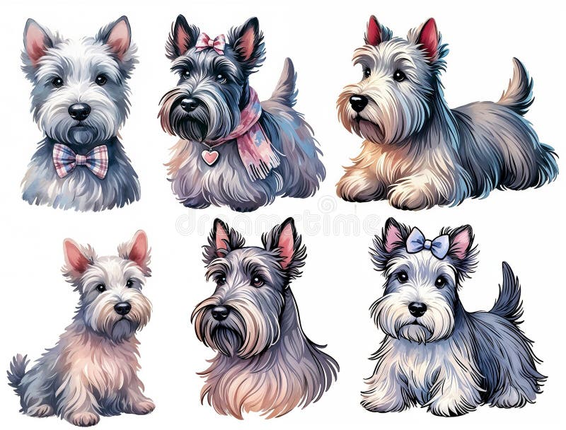 Six Adorable Scottish Terrier Illustrations Present Diverse Fur ...