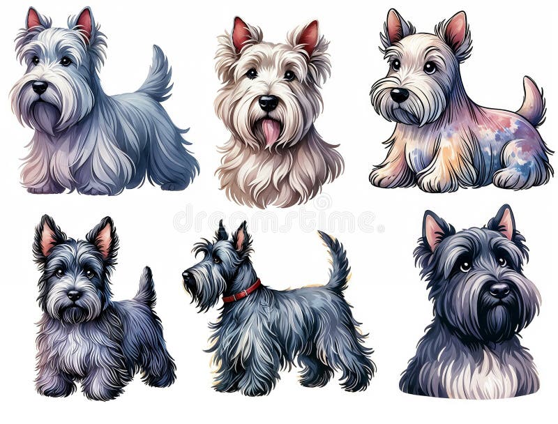 Six Adorable Scottish Terrier Illustrations Present Diverse Fur ...