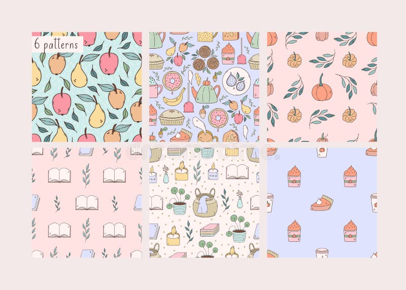 Six Adorable Seamless Pattern Designs with Autumnal Motifs. Stock ...