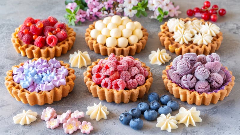 Six Assorted Mini Tarts Decorated with Berries, Cream, and Flowers on ...