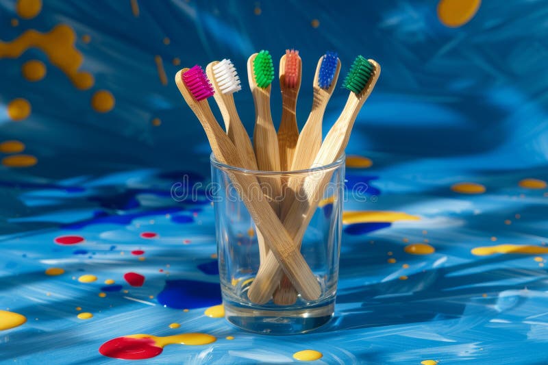 Six Bamboo Toothbrushes in a Glass Sit on a Bright Blue, Paint ...