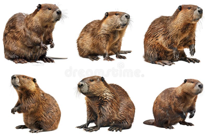 Six Beavers in Various Poses Against a White Background Stock ...