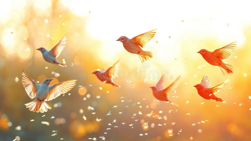 Six Birds in Flight at Sunset, Surrounded by Sparkling Particles Stock ...