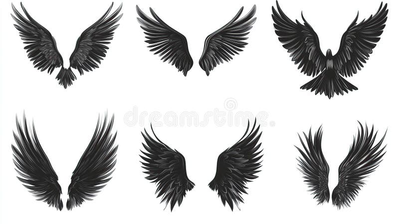 Six Black Bird Wing Designs, Graphic Resource for Tattoos, Prints Stock ...