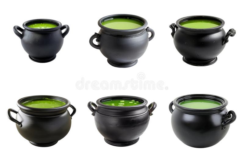 Six Black Cauldrons Filled with Green Liquid Stock Image - Illustration ...