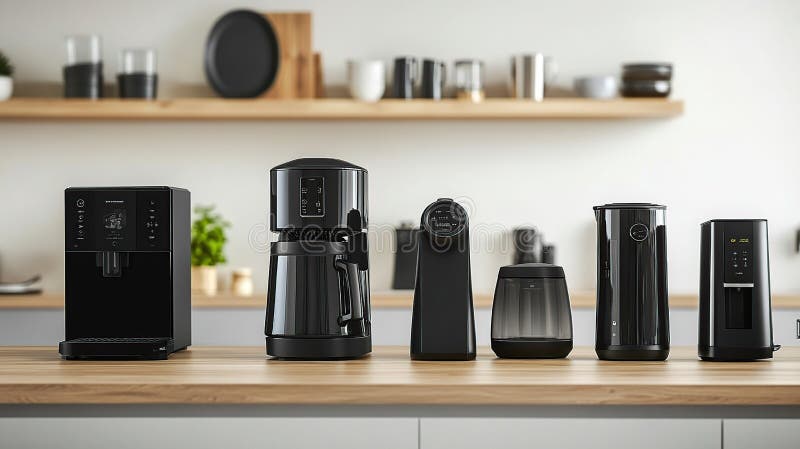 Six Black Coffee Makers on Kitchen Counter Stock Image - Image of ...