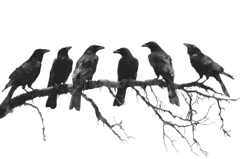 Six Black Crows Perched on Bare Branch Stock Image - Image of black ...