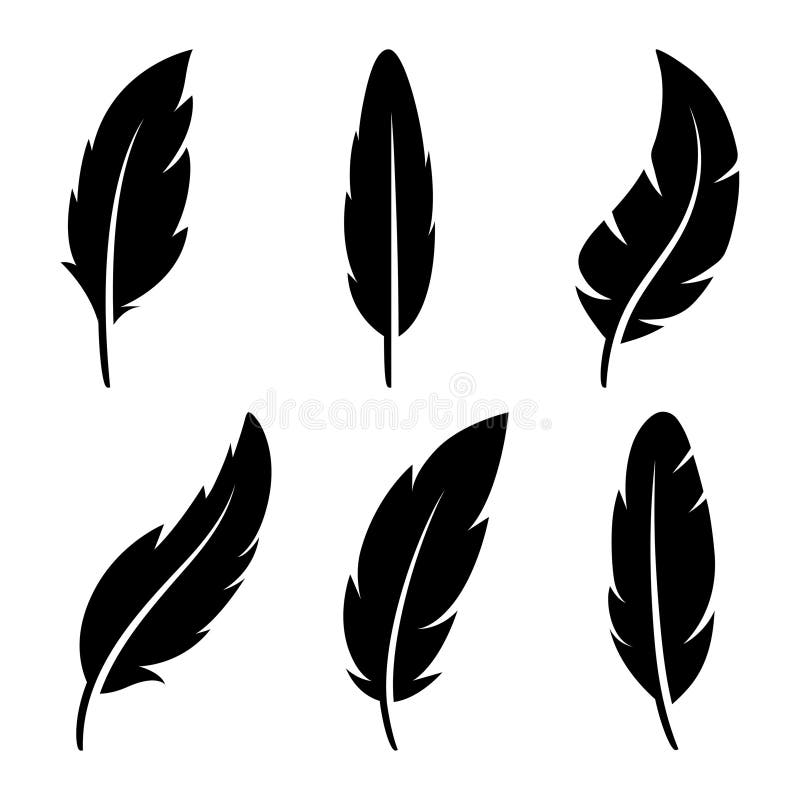 Six Black Feather Silhouettes in Various Shapes, Isolated, White ...