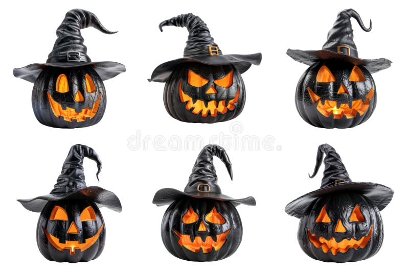 Six Black Jack-o -Lanterns with Witch Hats and Glowing Faces Stock ... Six Black Jack-o -Lanterns with Witch Hats and Glowing Faces Stock ...