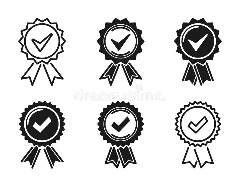 Six Black and White Quality Award Ribbon Icons, Featuring Check Marks ...