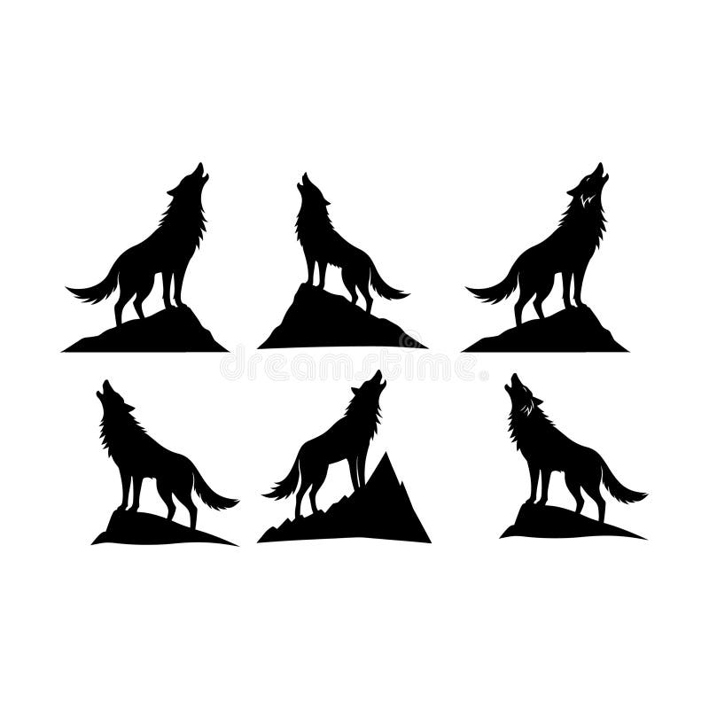 Six Black Wolf Silhouettes Howling on Rocks Against a White Background ...