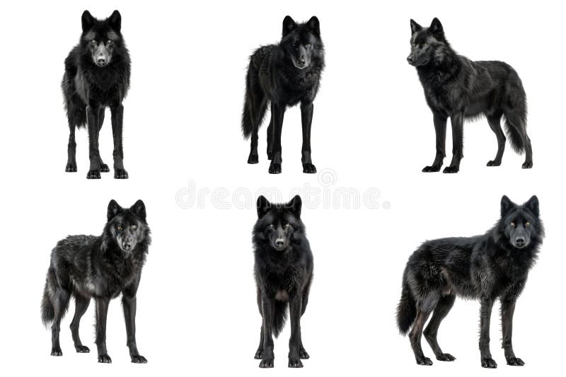Six Black Wolves Standing and Sitting Poses Against White Background ...