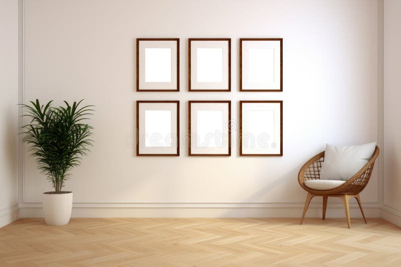 Six Blank Picture Frames on a White Wall with Parquet Floor, Minimalism ...