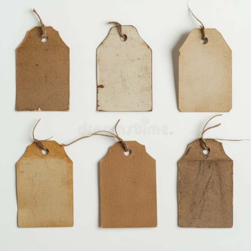 Six Blank Vintage Paper Tags with Strings on Plain Background Stock ...
