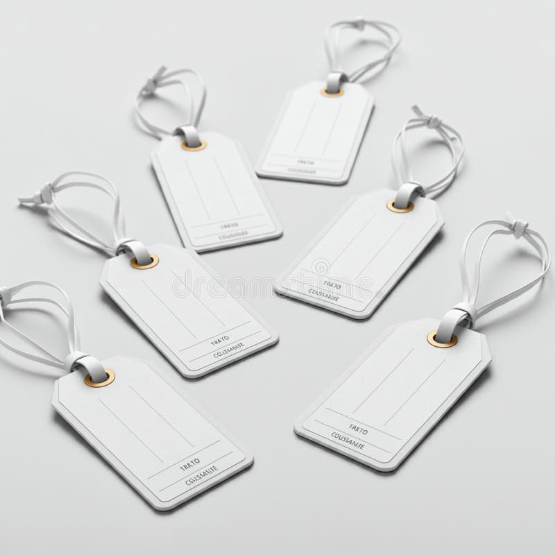 Six Blank, White Paper Tags with Gold Eyelets and Gray String Loops are ...