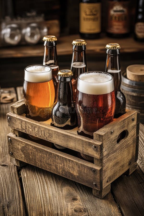 Six Bottles of Beer and Three Glasses, Ready for a Cold Refreshment. Barrels Behind the Crate ...