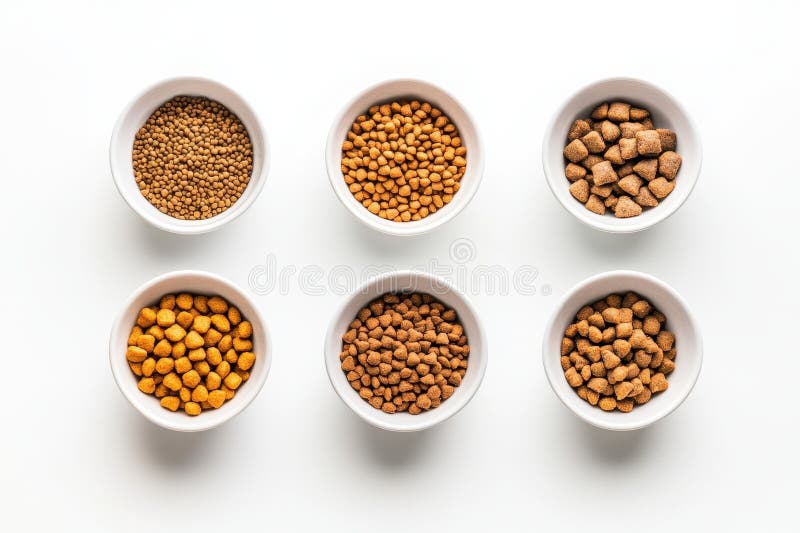Six Bowls of Different Types of Pet Food Arranged Aesthetically on a ...