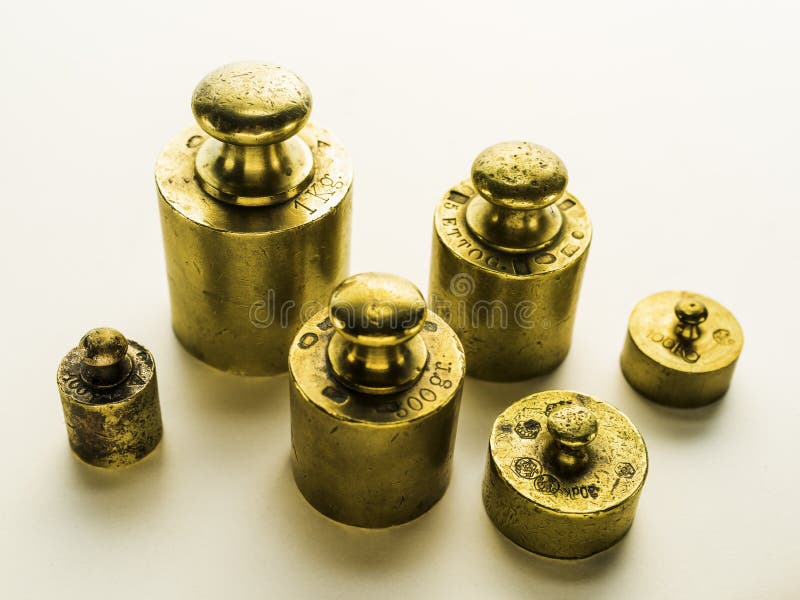 Six Brass Weights of an Old Weighing Scale Stock Photo - Image of ...