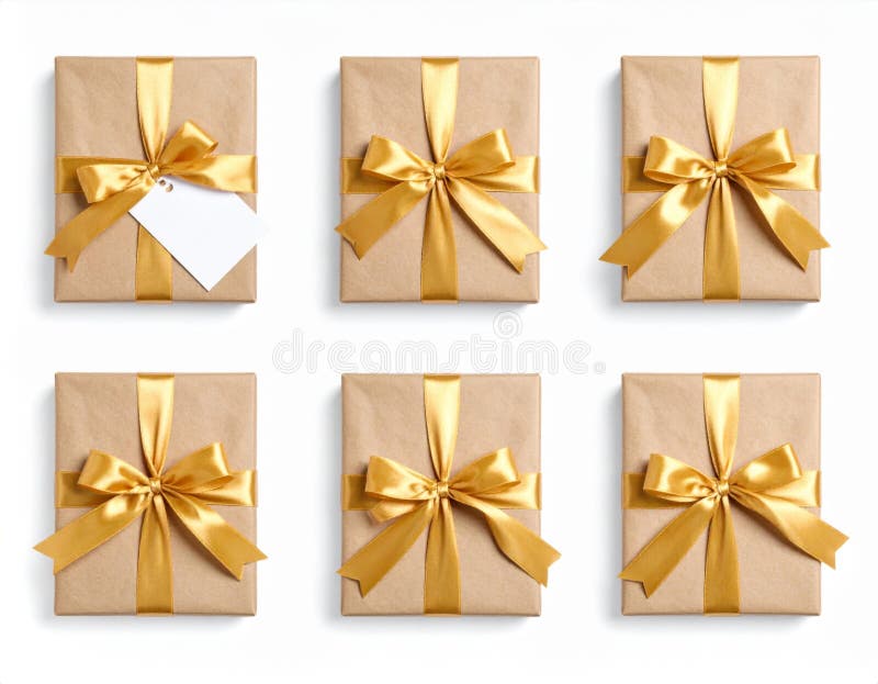 Six Brown Gift Boxes with Gold Ribbon Bows Stock Illustration ...