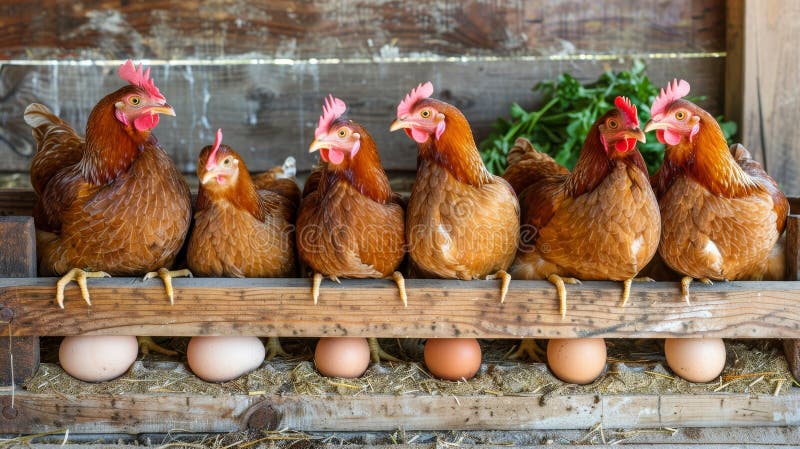 Six Brown Hens Perched on Wooden Platform, Fresh Eggs Scattered Below ...