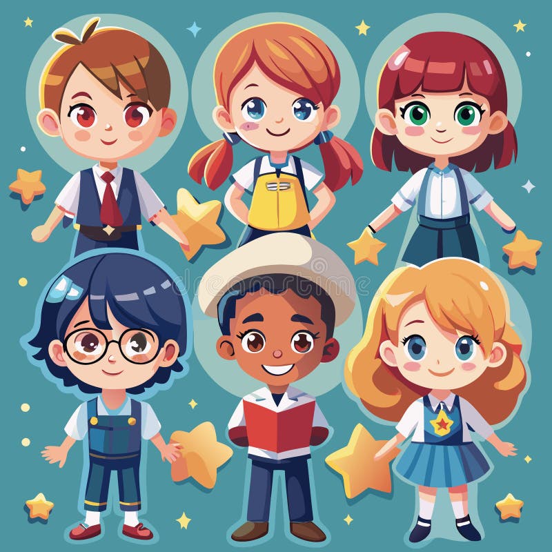 Six Cartoon Children with Stars Around Them Stock Vector - Illustration ...