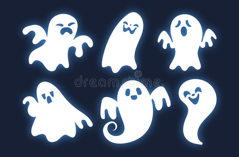 Six Cartoon Ghosts are Floating and Making Different Faces, from Happy ...