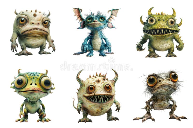 Six Cartoon Monsters with Different Features and Expressions Stock ...