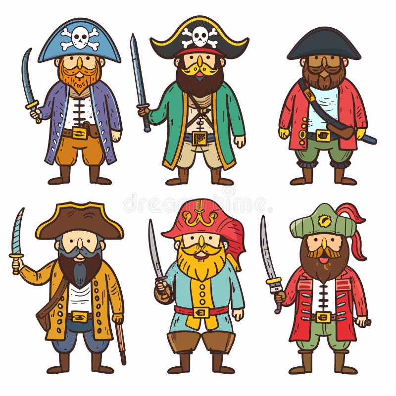 Six Cartoon Pirates Stand Proudly, Sporting Unique Hats, Beards ... Six Cartoon Pirates Stand Proudly, Sporting Unique Hats, Beards ...