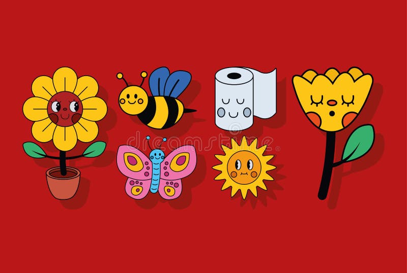 Six cartoon retro icons stock vector. Illustration of colorful - 254634958