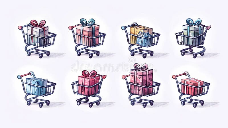 Six Cartoon Shopping Carts Filled with Gift Boxes in Different Colors ...