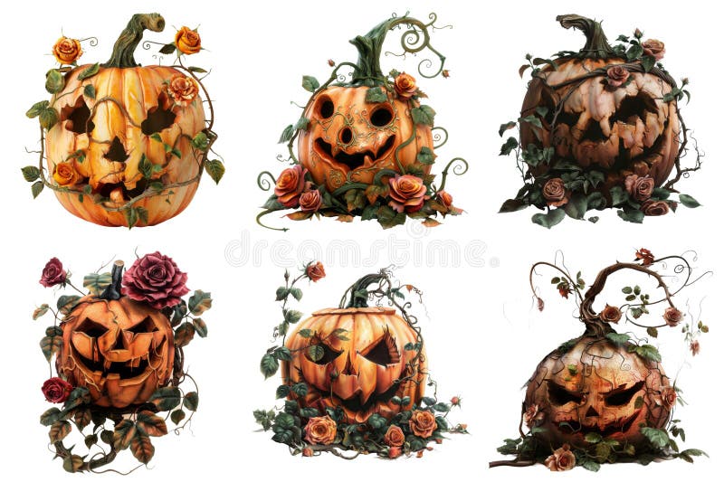 Six Carved Pumpkins with Rose Vines and Spooky Faces Stock Image ...