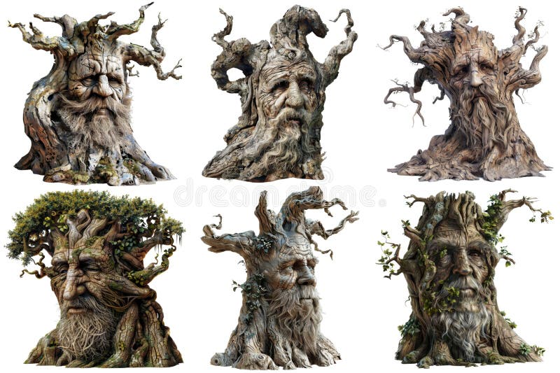 Six Carved Wooden Trees with Human Faces and Beards Stock Illustration ...
