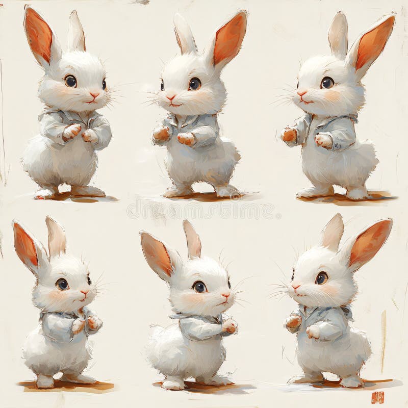 Adorable Six White Rabbits in Various Poses Cute Bunny Illustrations ...