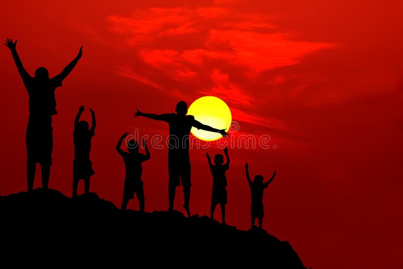 Six Children Jumping Mountain Sunset Stock Image - Image of active ...