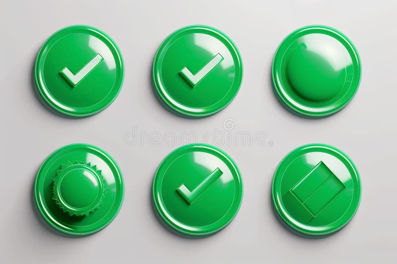 Six Circular Green Buttons with Different Icons, Including Checkmarks ...