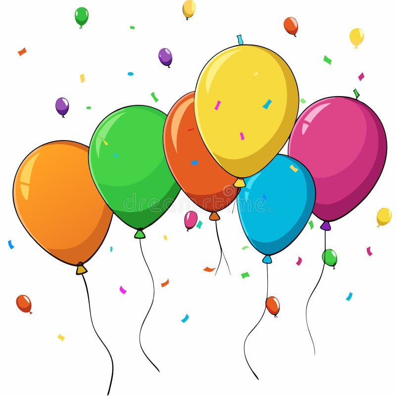 Six Colorful Balloons with Confetti Flying Around the Stock Vector ...