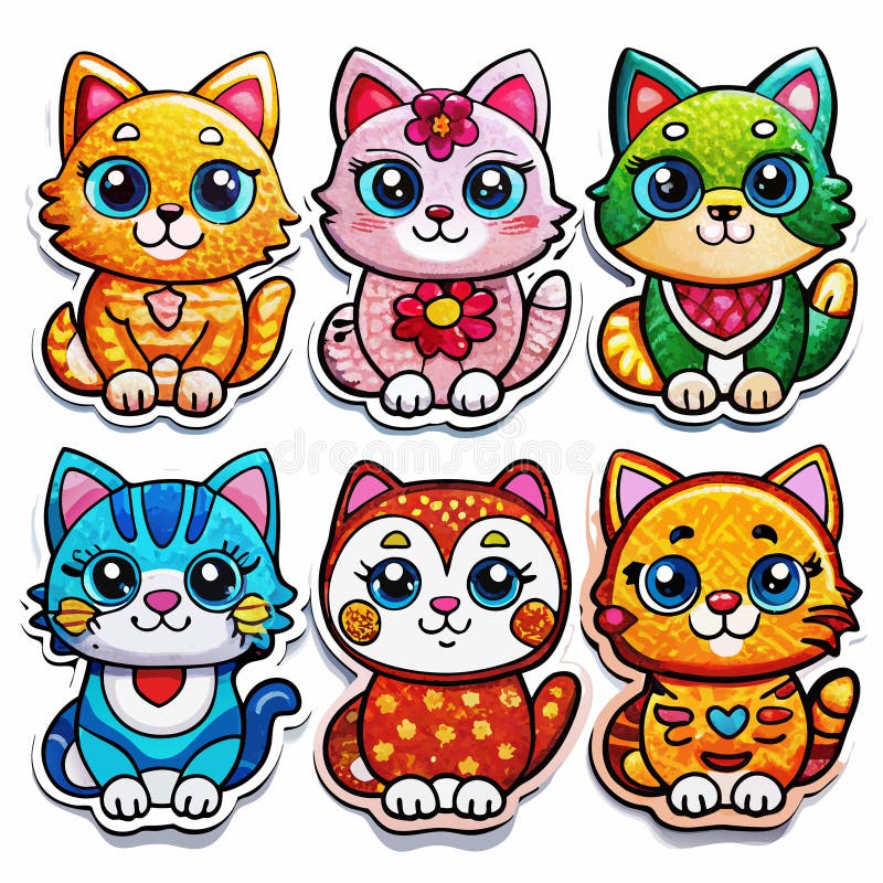 Six Colorful Cartoon Cats with Cute Expression Stock Vector ...