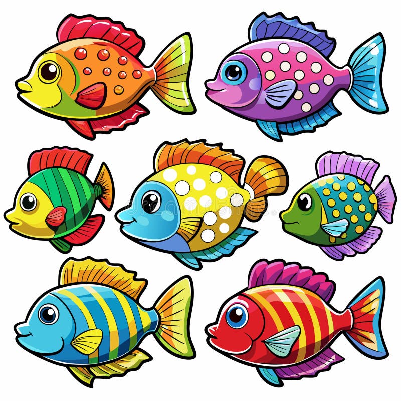 Six Colorful Cartoon Fish with Different Patterns and Colors Stock ...