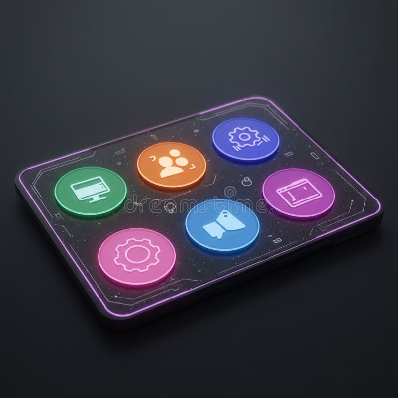 Six Colorful Circular Icons on a Black Surface Represent Various ...