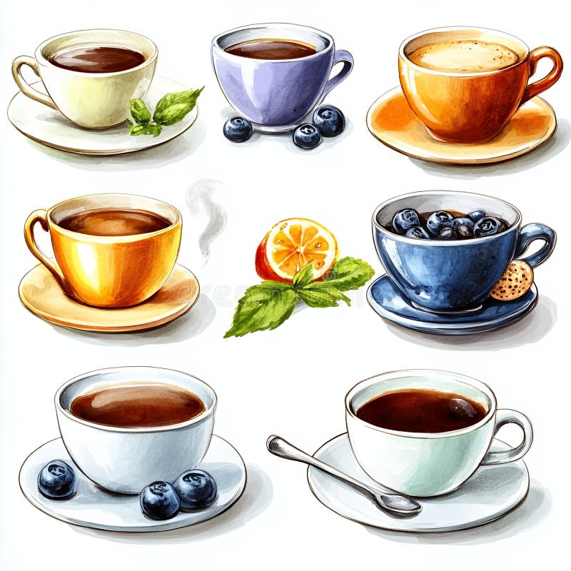 Six Colorful Cups of Coffee or Tea with a Lemon Slice and Blueberries ...