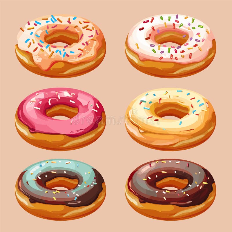 Six Colorful Doughnuts Arrayed Against Peach Background. Varieties ...